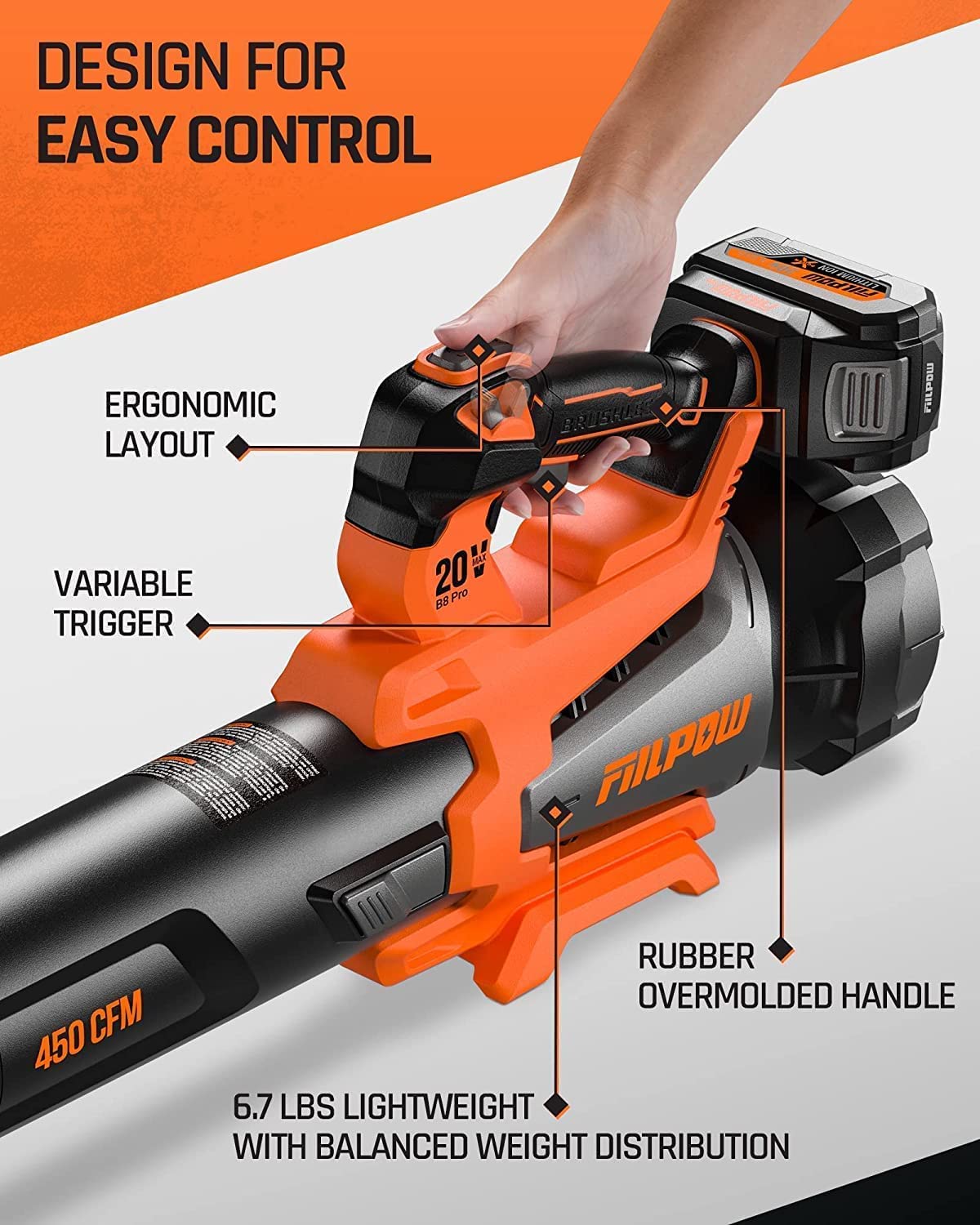20V 450CFM Leaf Blower, Brushless Blower Cordless with 4.0Ah Battery and Fast Charger, Turbo Mode & Variable Speed Trigger and Lock Dial, Lightweight Axial Blower for Lawn Care, Yard, Driveway