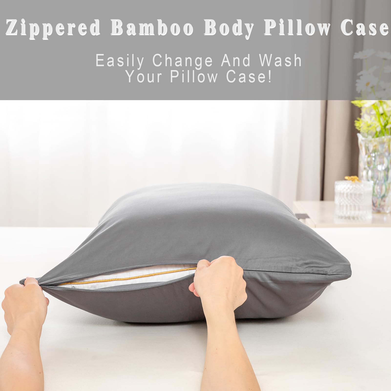 Bedlifes 100% Organic Bamboo Body Pillow Case - Cooling Pillow Cases Breathable Silky Moisture Wicking-Hidden Zipper Closures 400TC Sateen Weave-for Hot Sleepers - 20"x54" Size(Dark Grey)