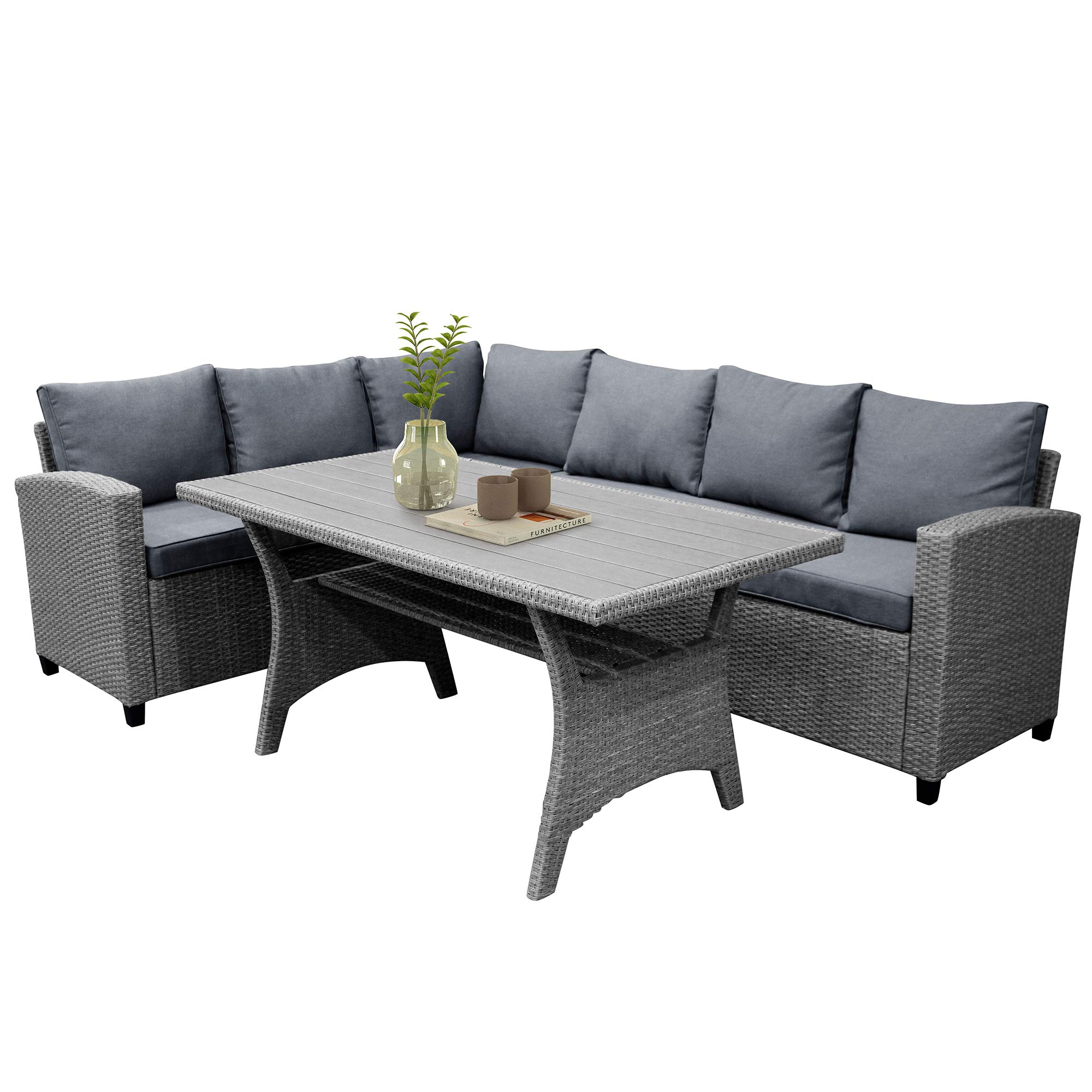 DHPM Patio PE Wicker Furniture Set Outdoor Brown Rattan Sectional Conversation Sofa Chair with Table & Soft Cushions, Gray