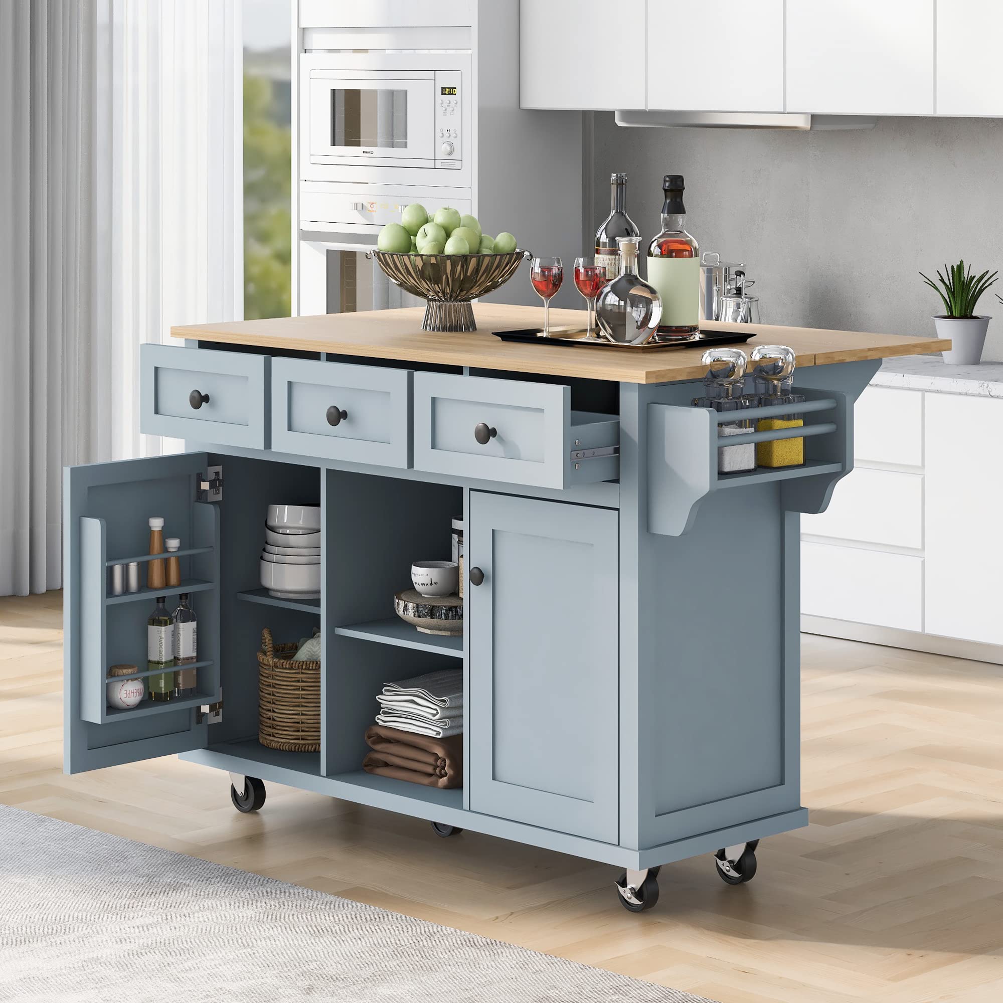 Modern Mobile Kitchen Island Cart with Rubber Wood Drop-Leaf Countertop and Internal Racks,5 Wheels and 3 Drawers,Storage Cabinet,Spice Rack &Towel Rack (Grey Blue#z)
