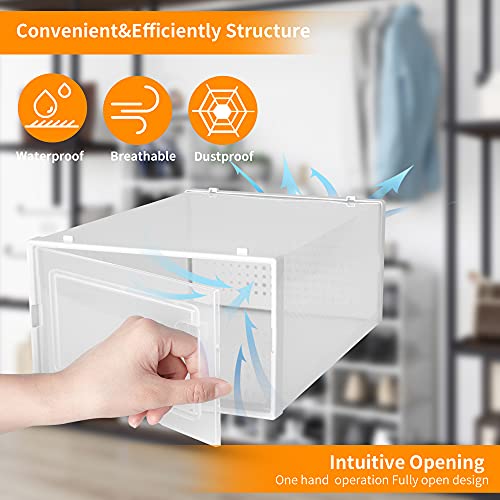 WAYTRIM Stackable Sneaker Storage Shoe Box, Foldable 10 Pack Storage Container 6 Small and 4 Large Clean Plastic Shoe Storage Organizers Drop Front Stackable and Foldable Box for Sneakers - White