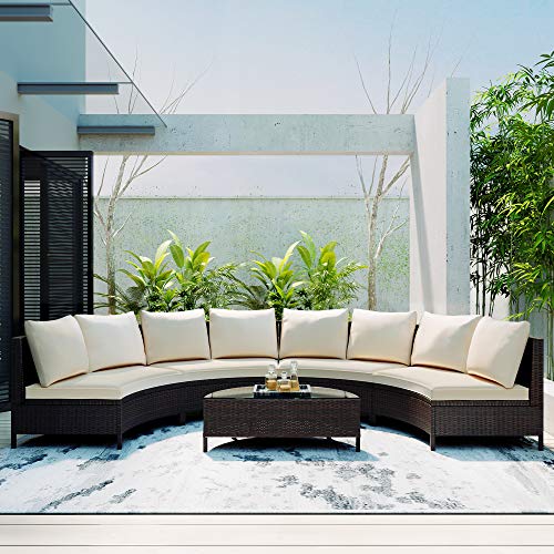 Tensun 5 Pieces All-Weather Brown PE Rattan Wicker Sofa Set Outdoor Patio Sectional Furniture Set Half-Moon Sofa Set with Tempered Glass Table for Garden Balcony Backyard(Beige)