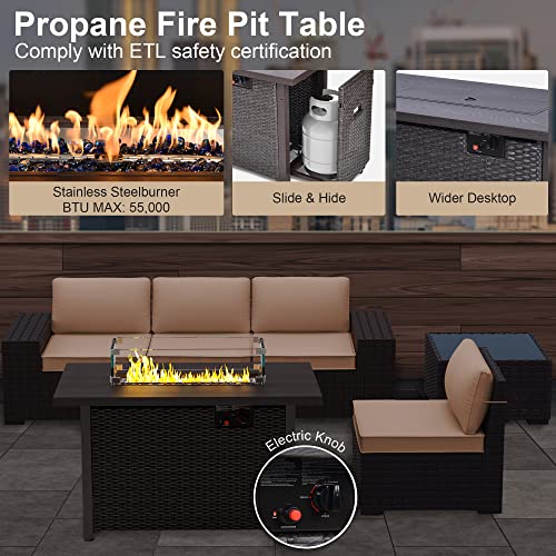 Grezone Patio Outdoor Furniture Sets with Fire Pit Table 7 Piece All Weather Wicker Conversation Sectional Sofa Couch Lawn Sectional Furniture with Washable Couch Cushions and Wicker Table, Beige