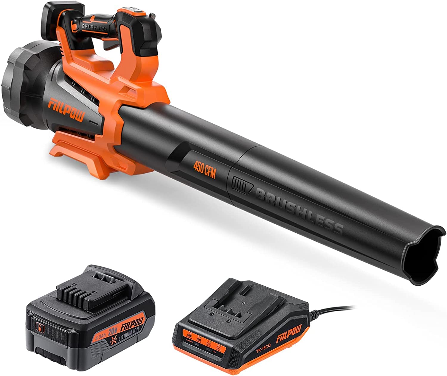 20V 450CFM Leaf Blower, Brushless Blower Cordless with 4.0Ah Battery and Fast Charger, Turbo Mode & Variable Speed Trigger and Lock Dial, Lightweight Axial Blower for Lawn Care, Yard, Driveway