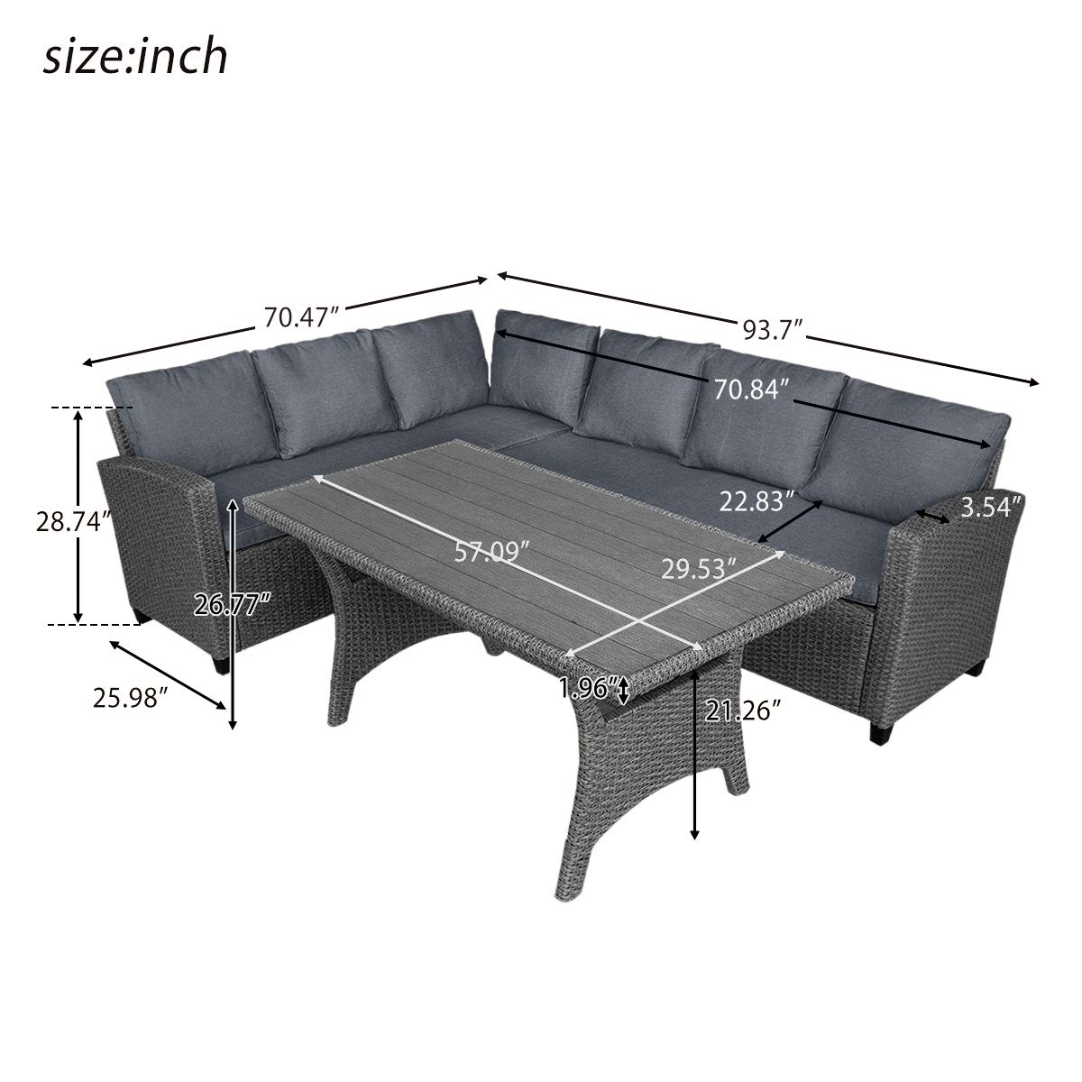 DHPM Patio PE Wicker Furniture Set Outdoor Brown Rattan Sectional Conversation Sofa Chair with Table & Soft Cushions, Gray