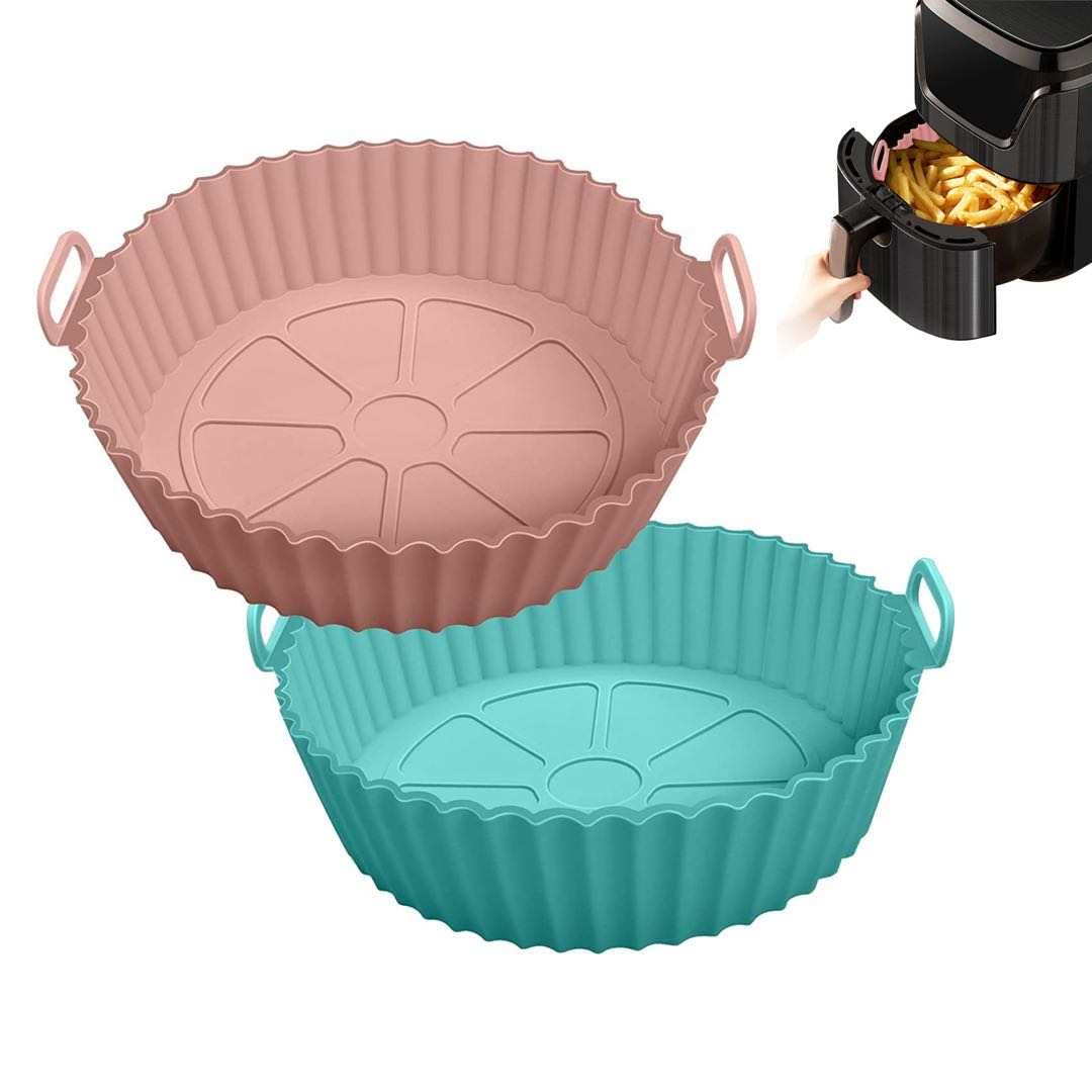 2 Pack Air Fryer Silicone Liners Pot for 3 to 5 QT, Air Fryer Silicone Basket Bowl, Replacement of Flammable Parchment Paper, Reusable Baking Tray Oven Accessories, Pink + Blue