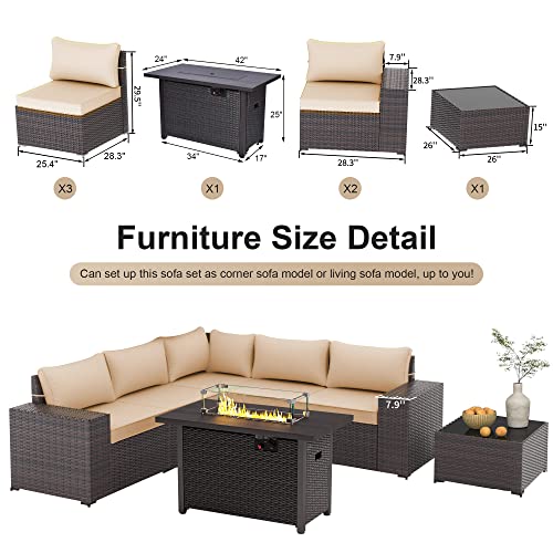 Grezone Patio Outdoor Furniture Sets with Fire Pit Table 7 Piece All Weather Wicker Conversation Sectional Sofa Couch Lawn Sectional Furniture with Washable Couch Cushions and Wicker Table, Beige