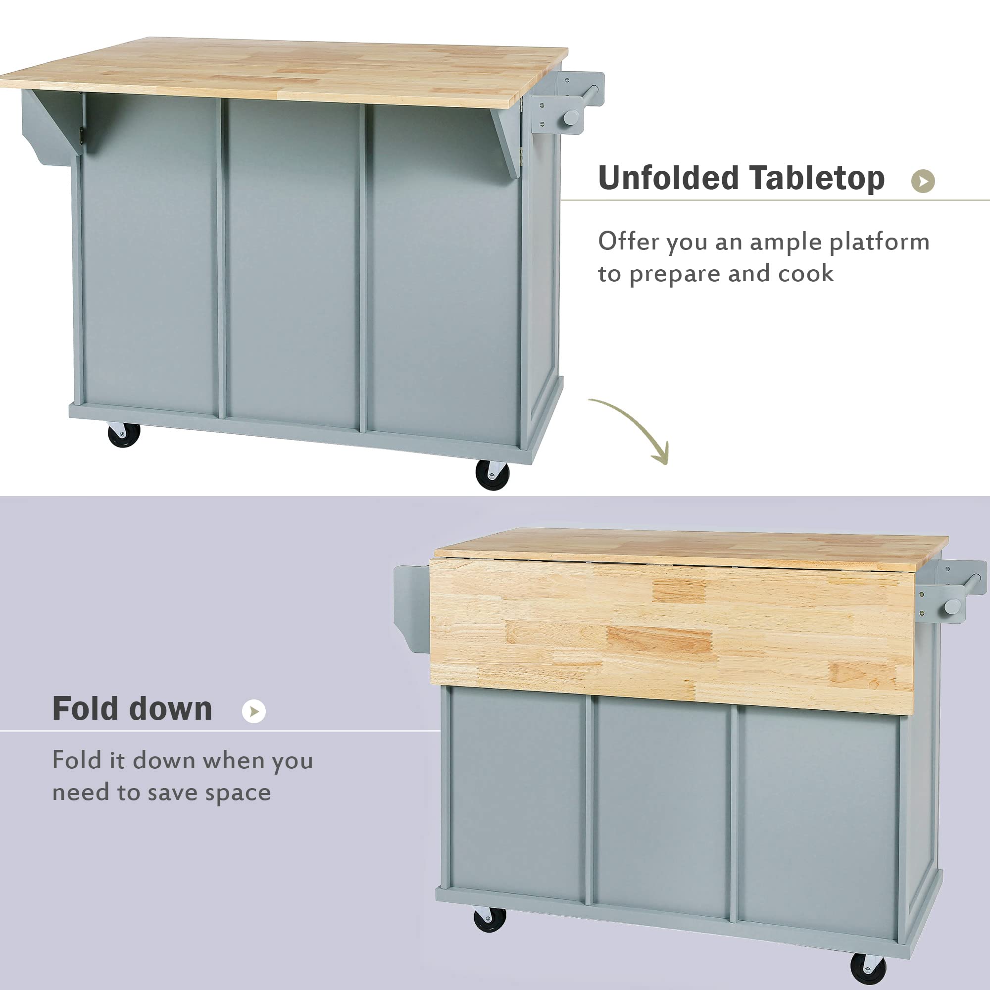 Modern Mobile Kitchen Island Cart with Rubber Wood Drop-Leaf Countertop and Internal Racks,5 Wheels and 3 Drawers,Storage Cabinet,Spice Rack &Towel Rack (Grey Blue#z)