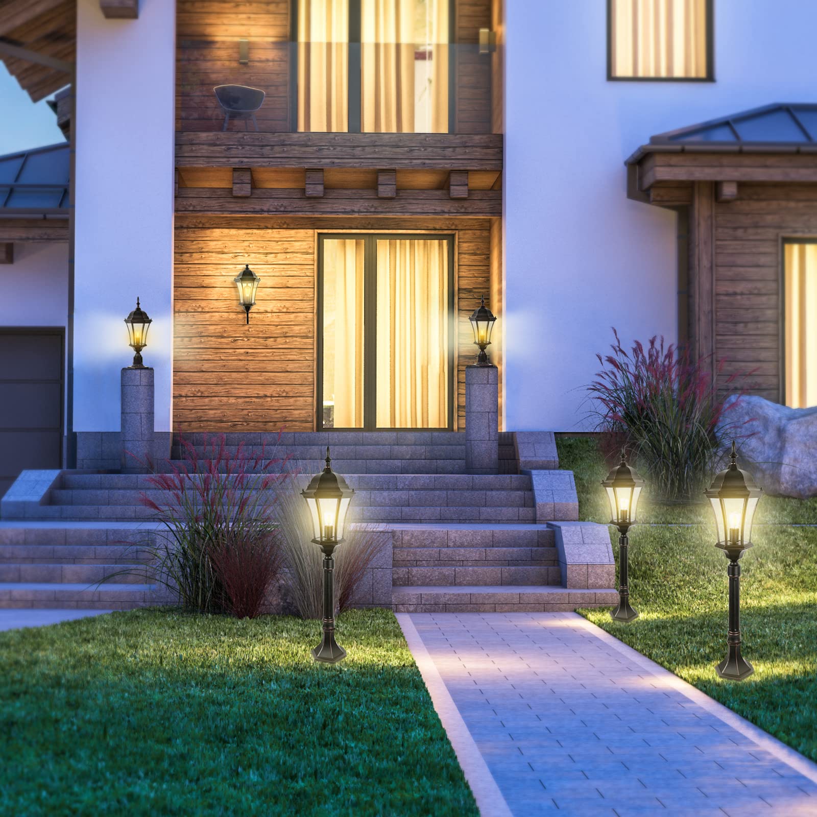 GOALPLUS 24" Outdoor Post Light with Dusk to Dawn Sensor, Exterior Post Lantern Fixture with Pier Mount, Antique Bronze Post Lamp with Seeded Glass, Aluminum Pole Lantern for Garden, Yard