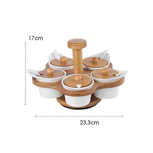 Ceramic Condiment Jar Pots 5 pcs Set durable Round Shape Seasoning Jar with Holder,Spoon and Bamboo Lids for Home Kitchen