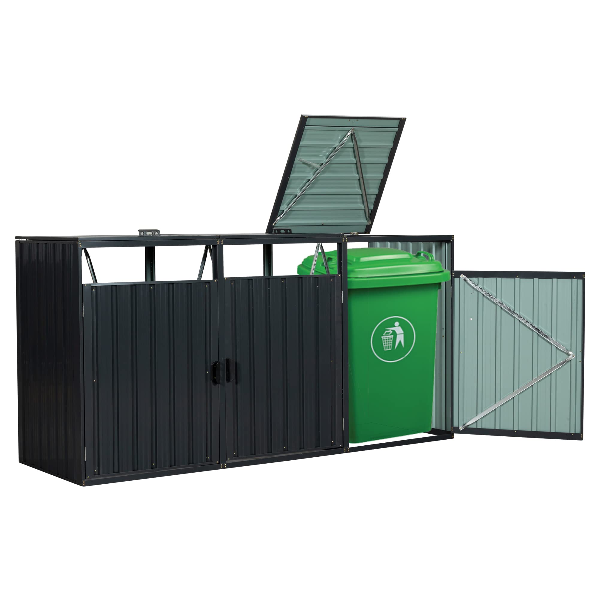 Outdoor Garbage Bin Storage Shed Galvanized for 3 Trash cans with Lockable Doors Metal Outdoor Trash Can Storage Shed for Garden Yard Lawn(Black-3)