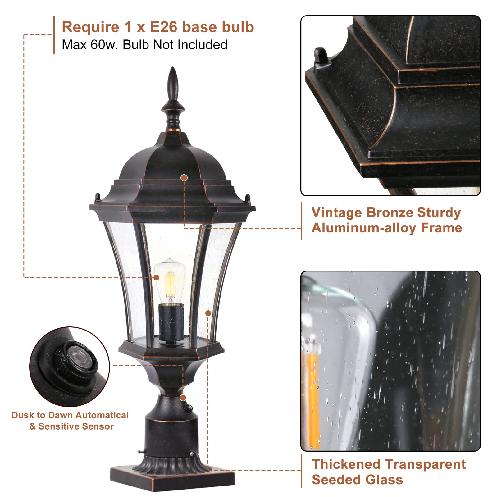 GOALPLUS 24" Outdoor Post Light with Dusk to Dawn Sensor, Exterior Post Lantern Fixture with Pier Mount, Antique Bronze Post Lamp with Seeded Glass, Aluminum Pole Lantern for Garden, Yard