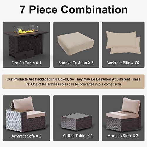 Grezone Patio Outdoor Furniture Sets with Fire Pit Table 7 Piece All Weather Wicker Conversation Sectional Sofa Couch Lawn Sectional Furniture with Washable Couch Cushions and Wicker Table, Beige