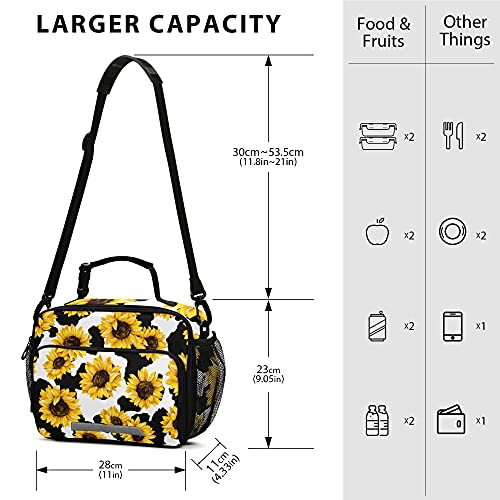 Glaphy Sunflower Cow Print Lunch Bag Insulated Lunch Box Cooler Cooling Tote Food Container for Adults Men Women