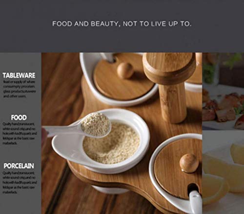 Ceramic Condiment Jar Pots 5 pcs Set durable Round Shape Seasoning Jar with Holder,Spoon and Bamboo Lids for Home Kitchen