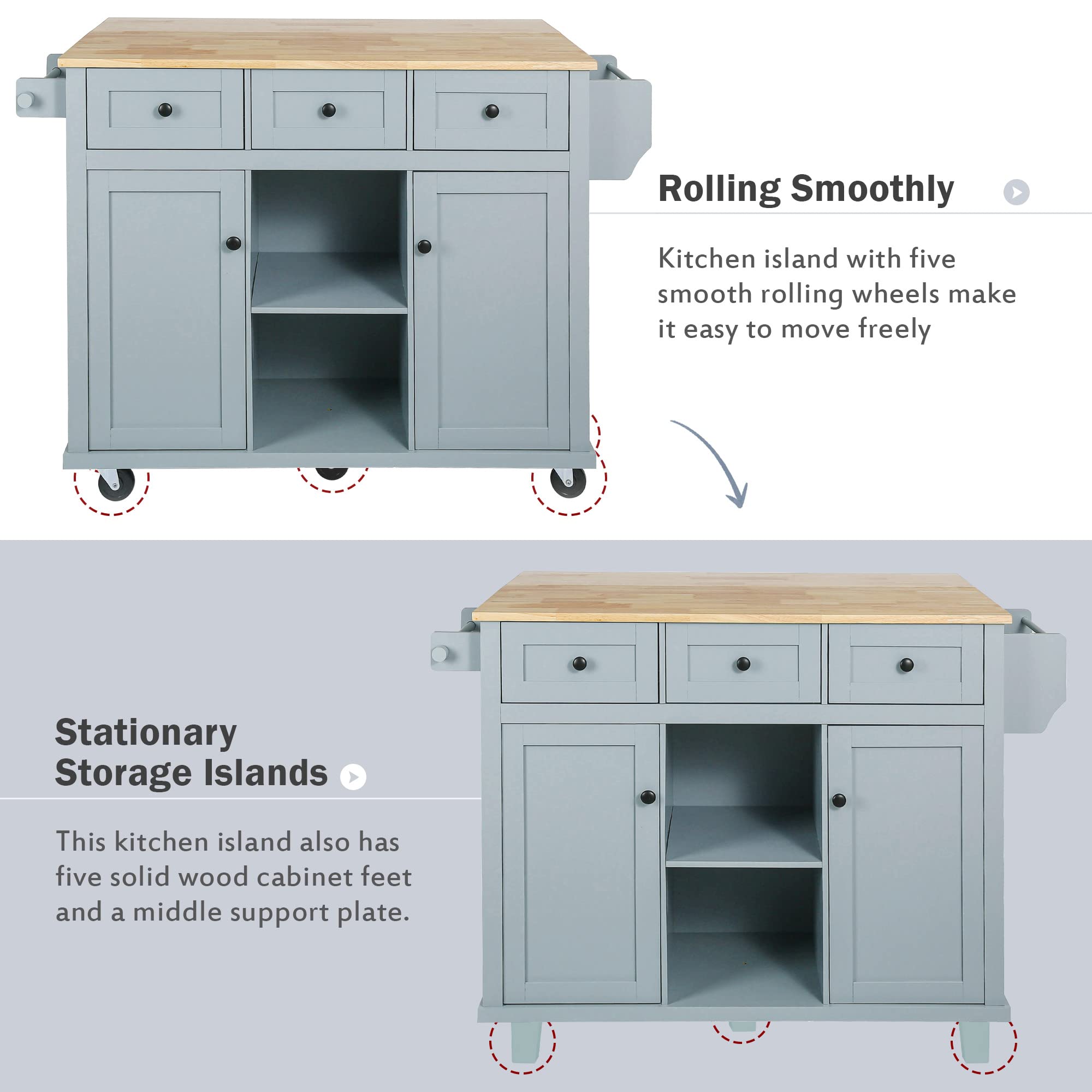 Modern Mobile Kitchen Island Cart with Rubber Wood Drop-Leaf Countertop and Internal Racks,5 Wheels and 3 Drawers,Storage Cabinet,Spice Rack &Towel Rack (Grey Blue#z)