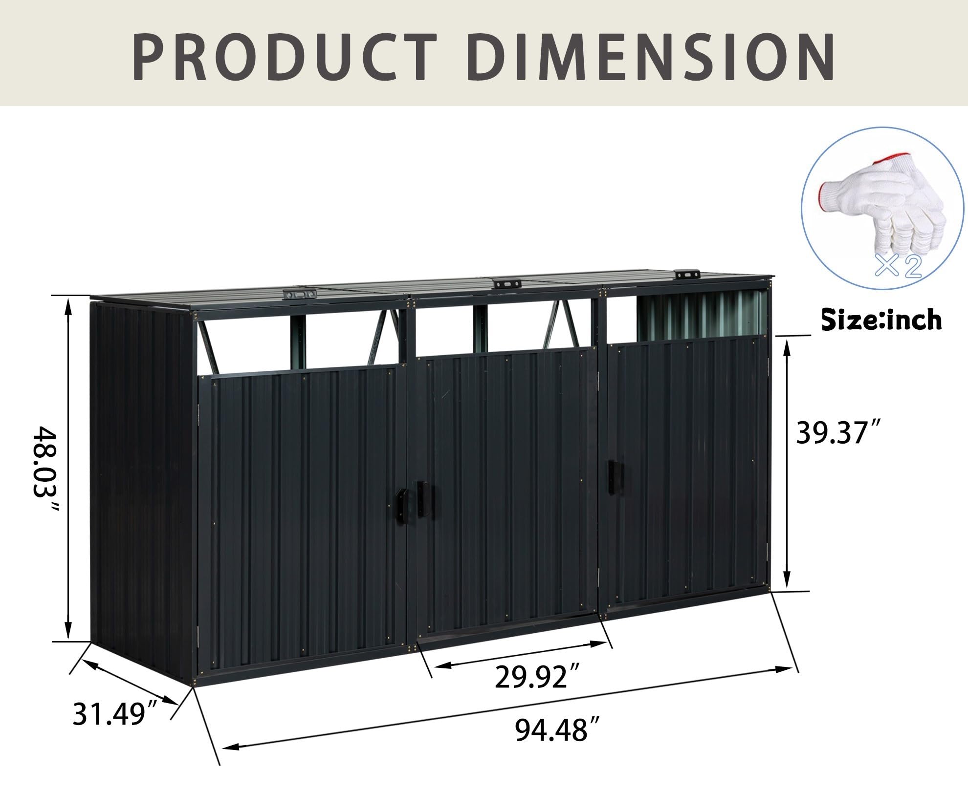 Outdoor Garbage Bin Storage Shed Galvanized for 3 Trash cans with Lockable Doors Metal Outdoor Trash Can Storage Shed for Garden Yard Lawn(Black-3)
