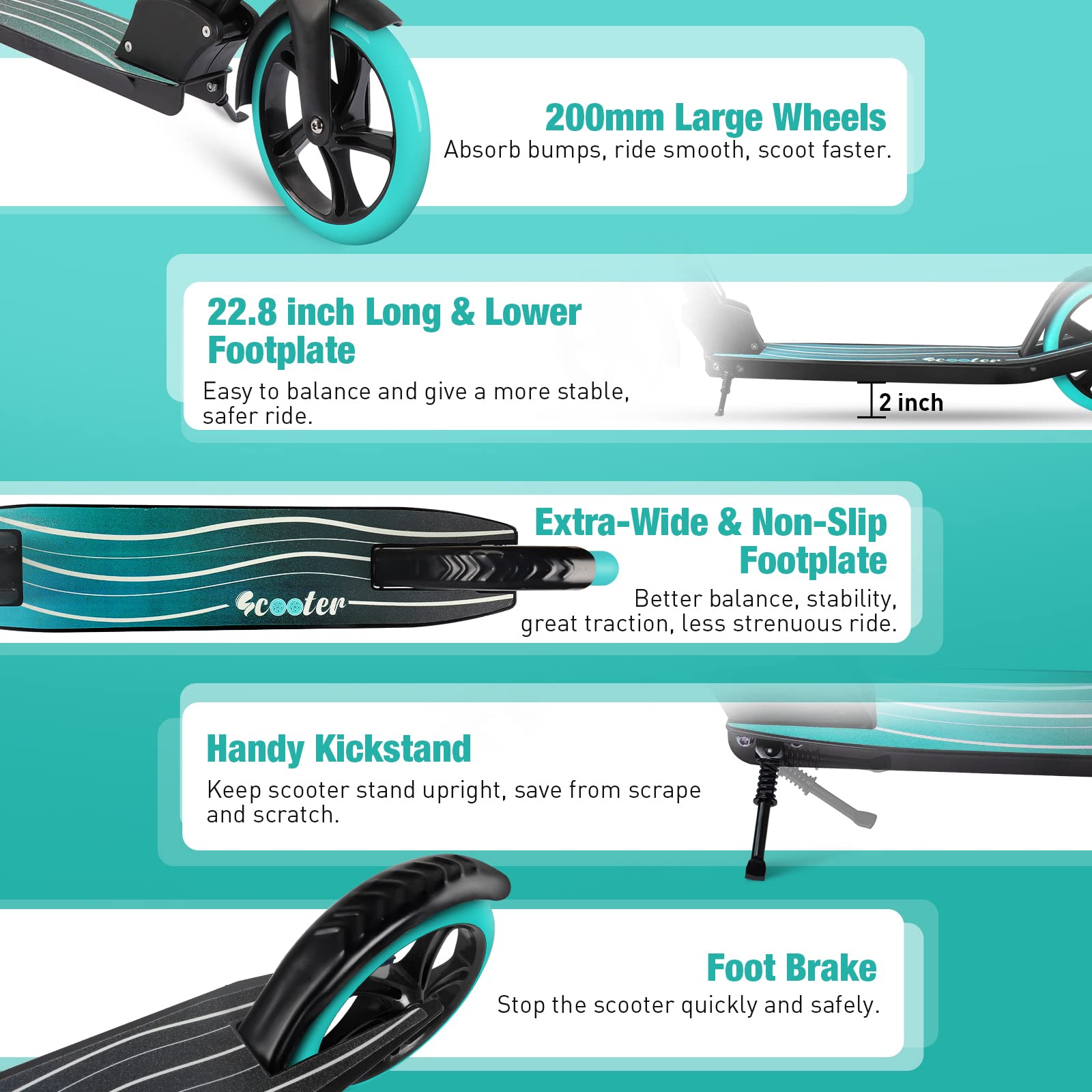 BELEEV V5 Scooters for Kids 6 Years and up, Folding Kick Scooter 2 Wheel for Adults Teens, 4 Adjustable Handlebar, 200mm Big Wheels, Lightweight Sports Commuter Scooter(Teal)