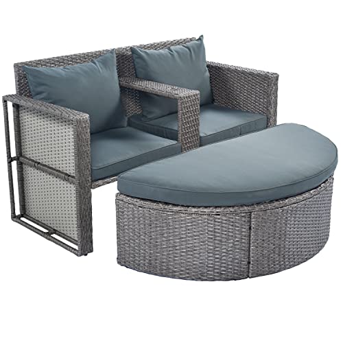HHOK 2-Piece All-Weather PE Wicker Conversation Sofa, Outdoor Patio Half-Moon Sectional Furniture Set w/Side Table for Umbrella, Suitable for Poolside, Backyard Porch, Rattan+Gray Cushion