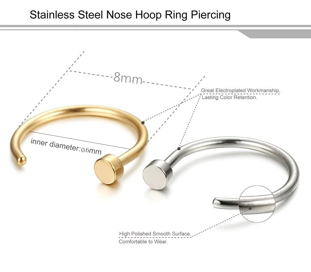 FIBO STEEL 18G-22G 5PCS Stainless Steel Body Jewelry Piercing Nose Ring Hoop for Women (Silver Tone, 18G,8MM)