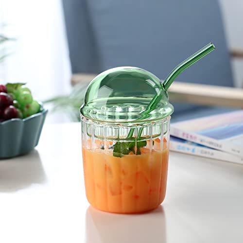 MISNODE 2 PCS Drinking Glasses with Lids and Glass Straw, 450ml Glass Cups Beer Can Glass Ice Coffee Cup Creative Tumbler with Lid and Straw for Home Office Bar Restaurant
