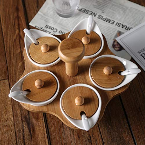 Ceramic Condiment Jar Pots 5 pcs Set durable Round Shape Seasoning Jar with Holder,Spoon and Bamboo Lids for Home Kitchen