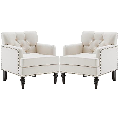 Iroomy Accent Chairs Set of 2, Mid Century Modern Armchair with Thick Cushion and Wood Frame, Comfy Reading Sofa Chair for Living Room Bedroom Office, Beige