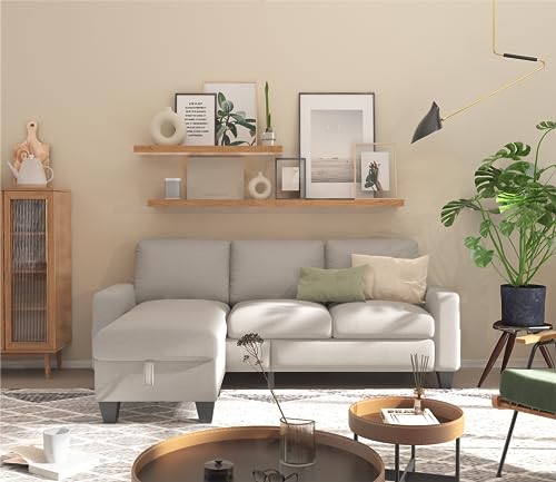 Beige Sectional Sofa Couch L Shaped Couchs with Ottoman Convertible 3 Seat Sofas for Living Room Small Space Apartment, Ottoman with Storage Space