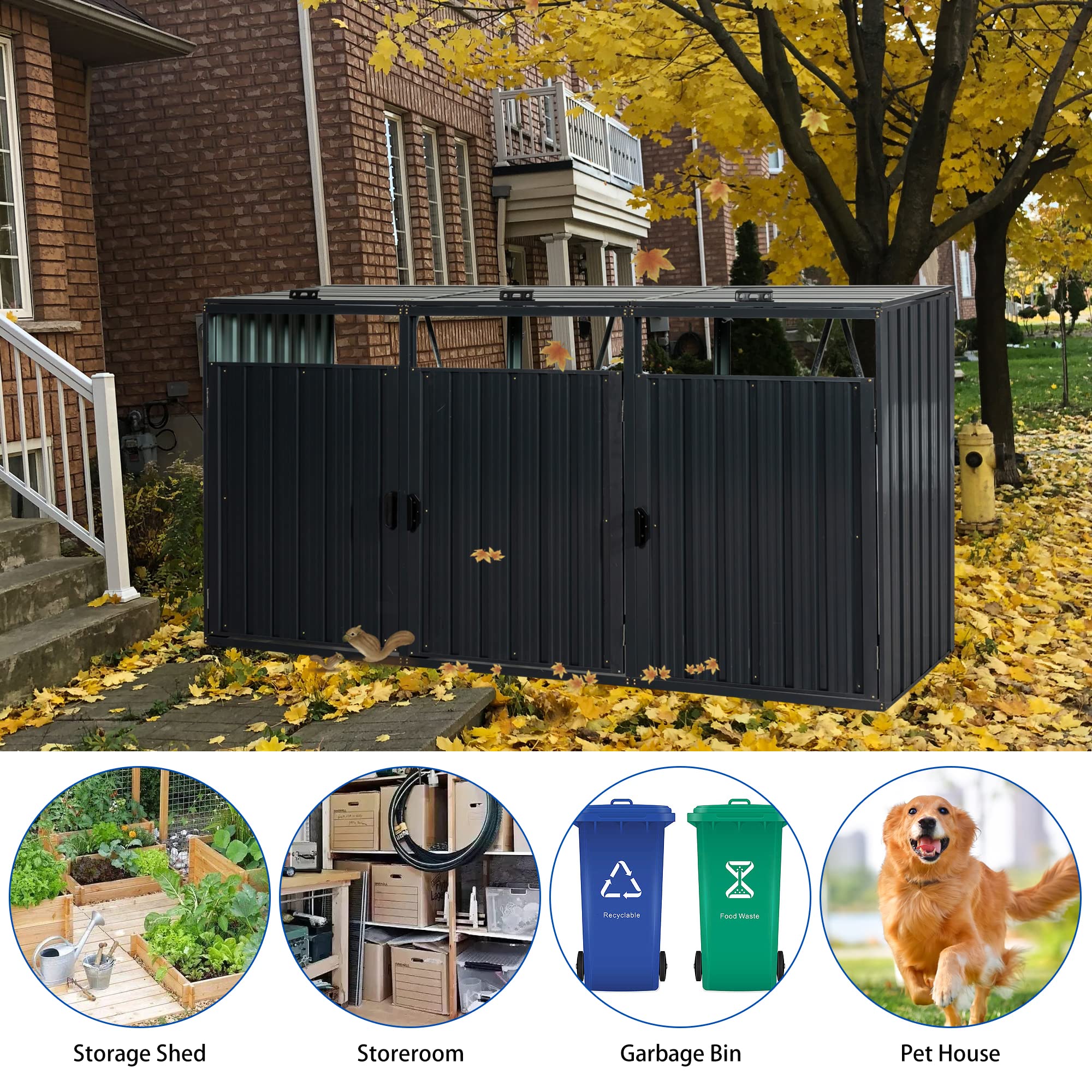 Outdoor Garbage Bin Storage Shed Galvanized for 3 Trash cans with Lockable Doors Metal Outdoor Trash Can Storage Shed for Garden Yard Lawn(Black-3)