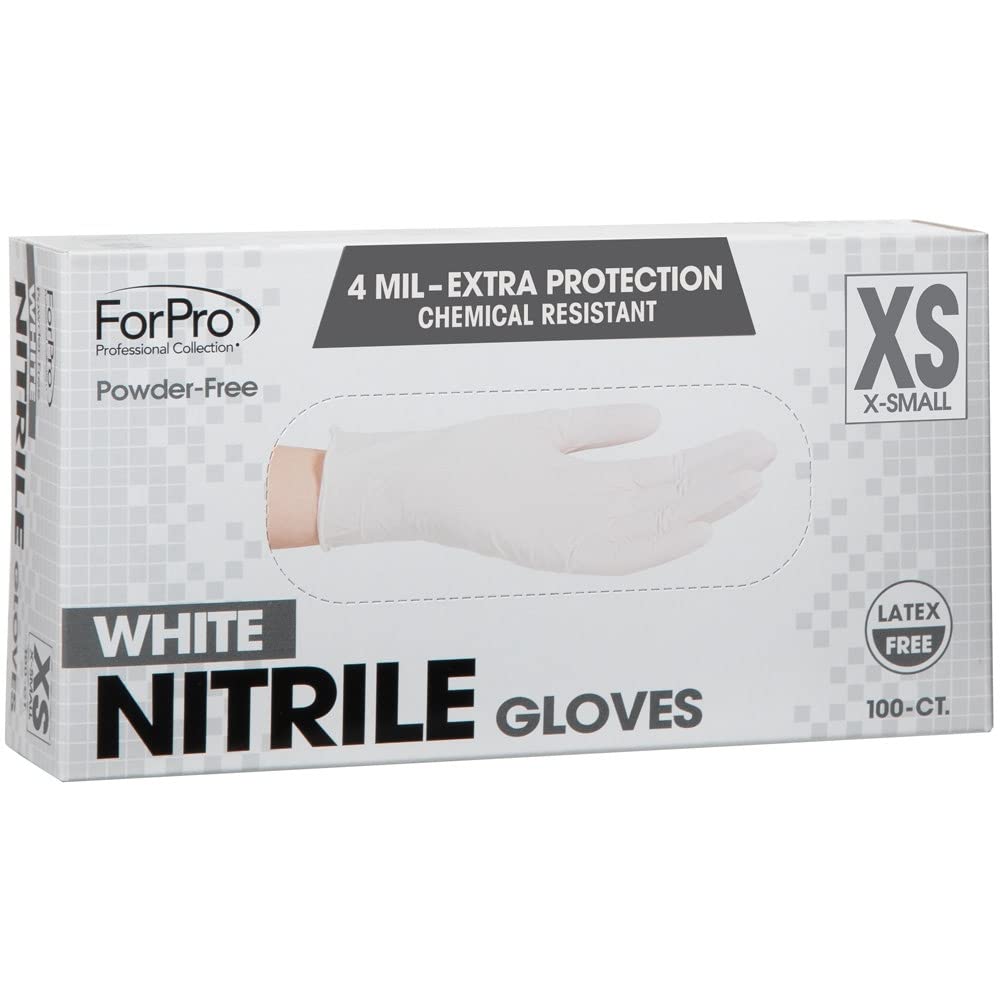 ForPro Professional Collection Disposable Nitrile Gloves, Chemical Resistant, Powder-Free, Latex-Free, Non-Sterile, Food Safe, 4 Mil, White, X-Small, 100-Count