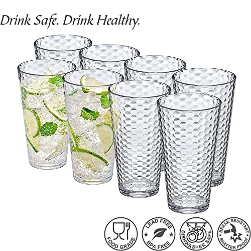 Amazing Abby - Snowflake - 24-Ounce Plastic Tumblers (Set of 8), Plastic Drinking Glasses, All-Clear High-Balls, Reusable Plastic Cups, Stackable, BPA-Free, Shatter-Proof, Dishwasher-Safe