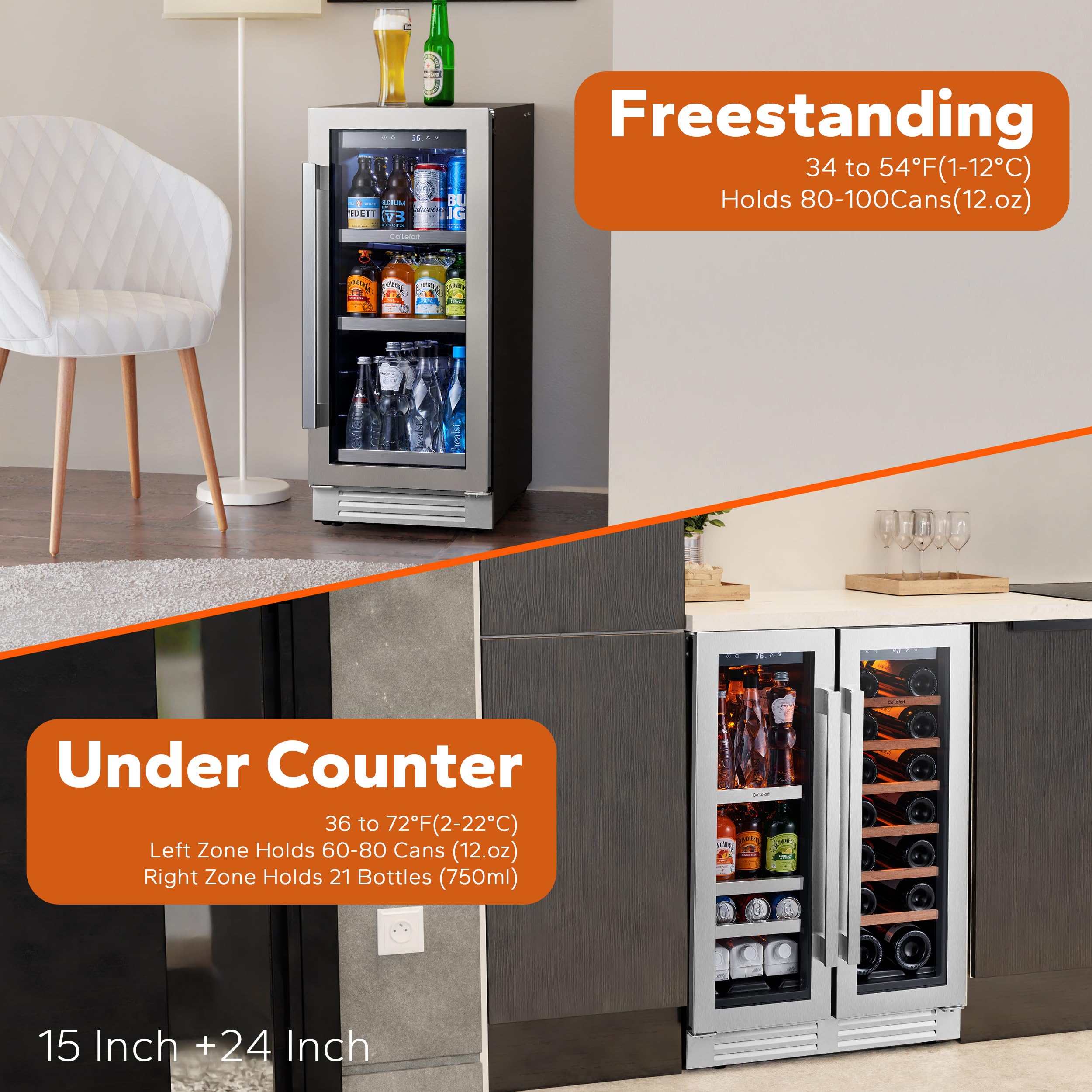 Ca'Lefort 24 Inch Wine and Beverage Refrigerator, 77 Can and 25 Bottle Wine Fridge Dual Zone 36°F-72°F, 3 LED Beverage Fridge Built in, Under Counter or Freestanding for Home/Kitchen(4.98 cu.ft)