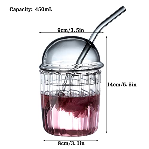MISNODE 2 PCS Drinking Glasses with Lids and Glass Straw, 450ml Glass Cups Beer Can Glass Ice Coffee Cup Creative Tumbler with Lid and Straw for Home Office Bar Restaurant
