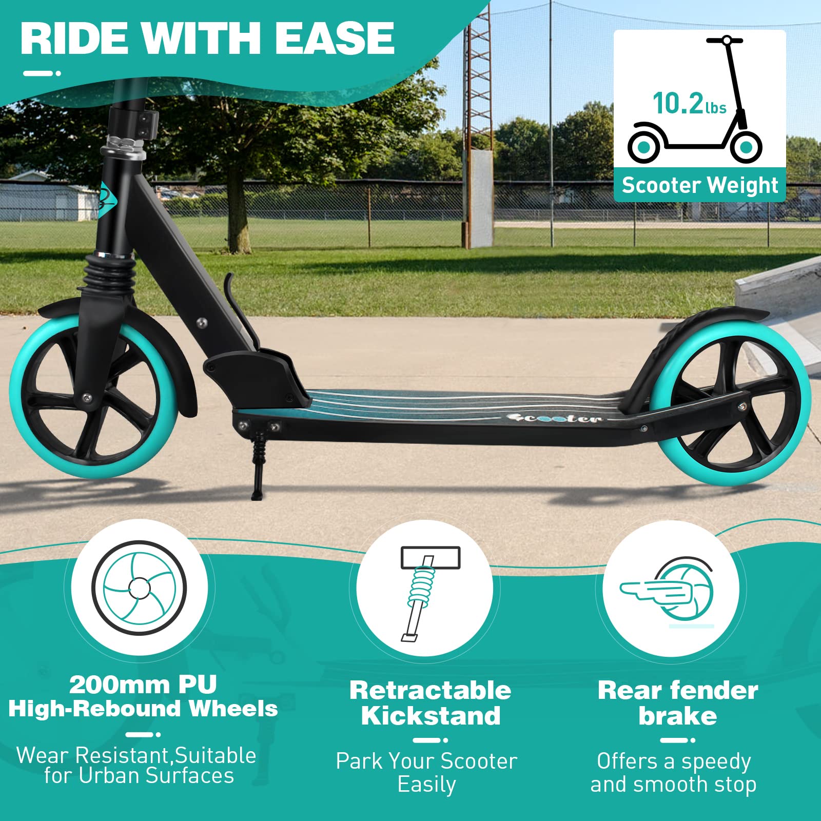BELEEV V5 Scooters for Kids 6 Years and up, Folding Kick Scooter 2 Wheel for Adults Teens, 4 Adjustable Handlebar, 200mm Big Wheels, Lightweight Sports Commuter Scooter(Teal)
