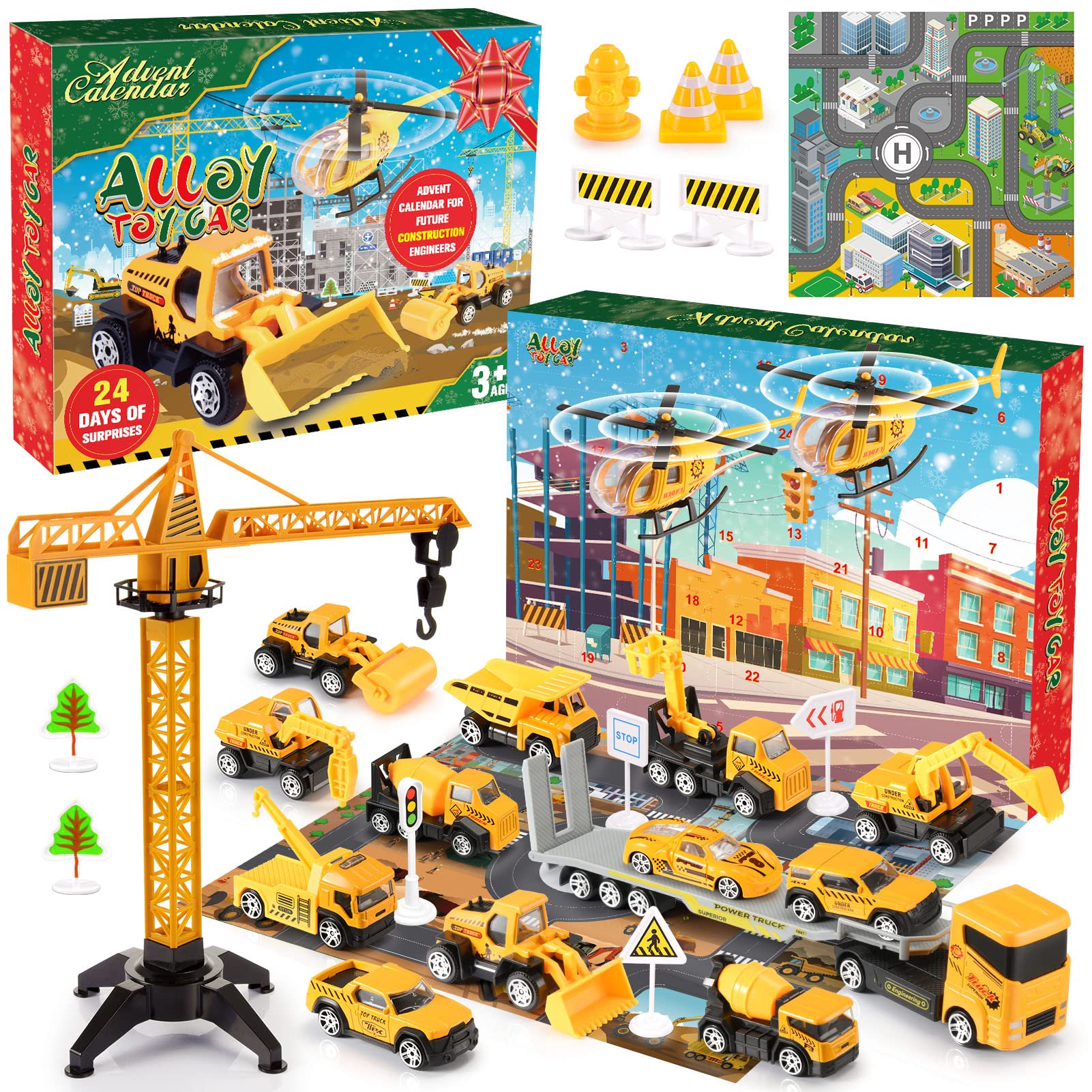 Christmas Advent Calendar for Kids Boys, Toys for 3-8 Year Old Boys Girls 24 Days Countdown Calendar with Alloy Construction Engineering Vehicle Toy Sets Xmas Gifts Stocking Stuffer for Boys Ages 3-8