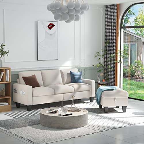 Beige Sectional Sofa Couch L Shaped Couchs with Ottoman Convertible 3 Seat Sofas for Living Room Small Space Apartment, Ottoman with Storage Space