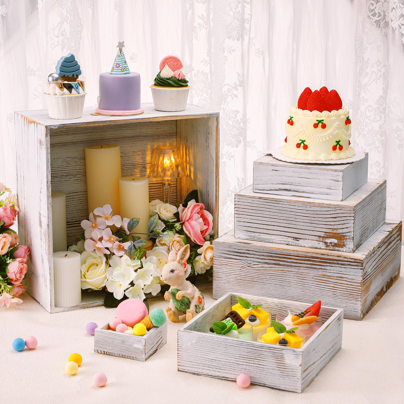 Roowest 6 Pcs Wood Cupcake Display Stand Whitewashed Decorative Dessert Wood Cake Stand Risers Wooden Rustic Square Stackable Decorative Box Risers for Wedding Birthday Christmas Party