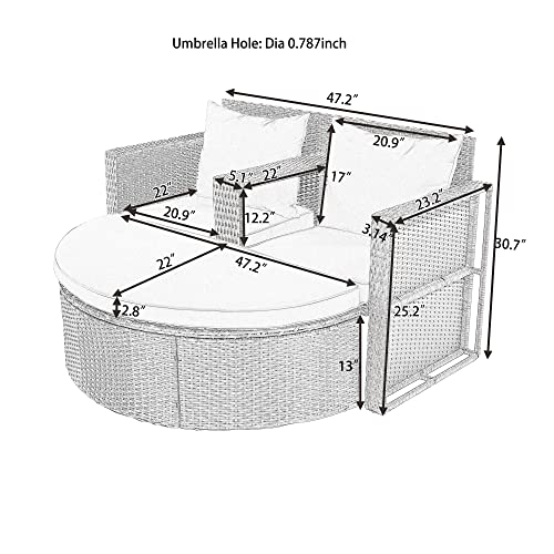 HHOK 2-Piece All-Weather PE Wicker Conversation Sofa, Outdoor Patio Half-Moon Sectional Furniture Set w/Side Table for Umbrella, Suitable for Poolside, Backyard Porch, Rattan+Gray Cushion