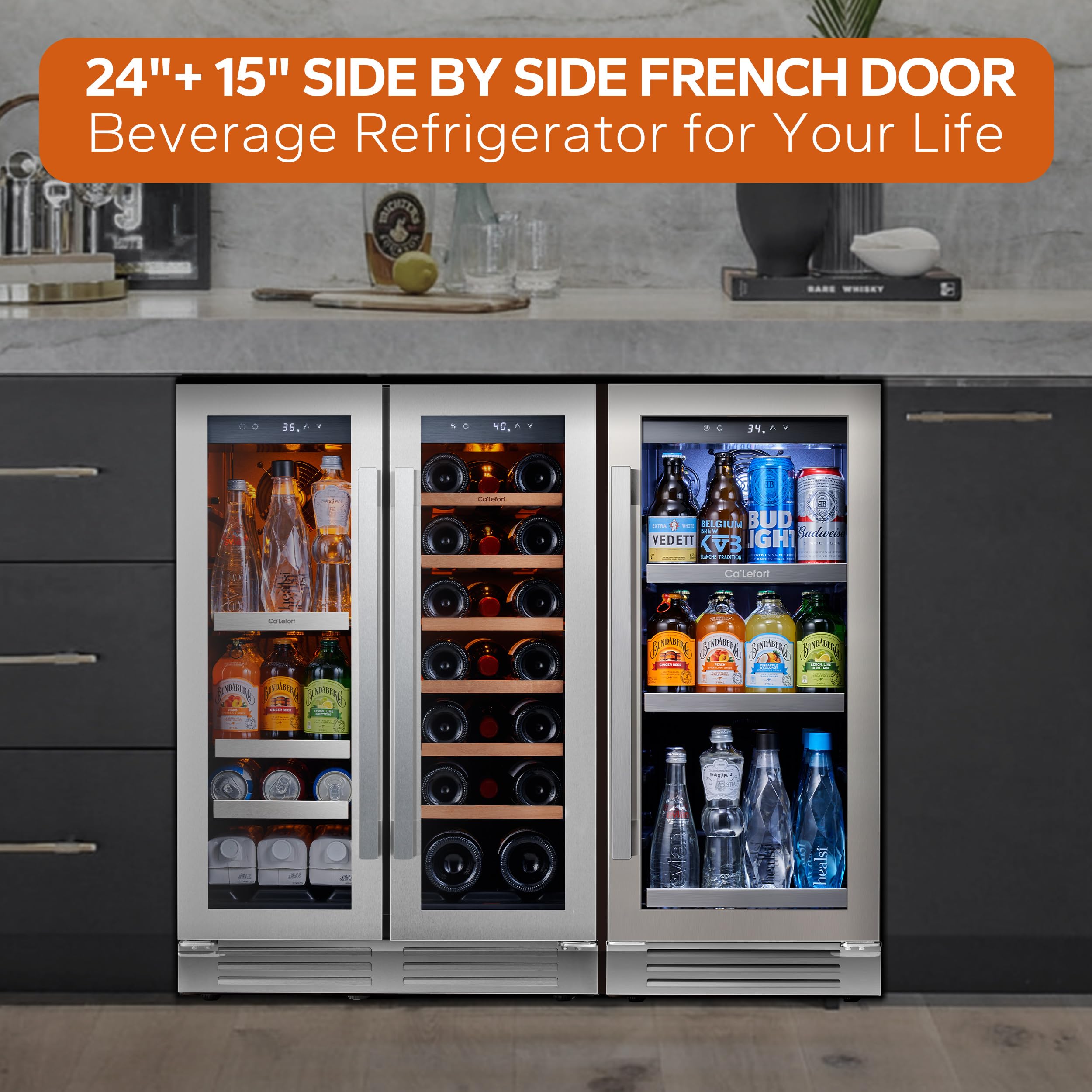 Ca'Lefort 24 Inch Wine and Beverage Refrigerator, 77 Can and 25 Bottle Wine Fridge Dual Zone 36°F-72°F, 3 LED Beverage Fridge Built in, Under Counter or Freestanding for Home/Kitchen(4.98 cu.ft)