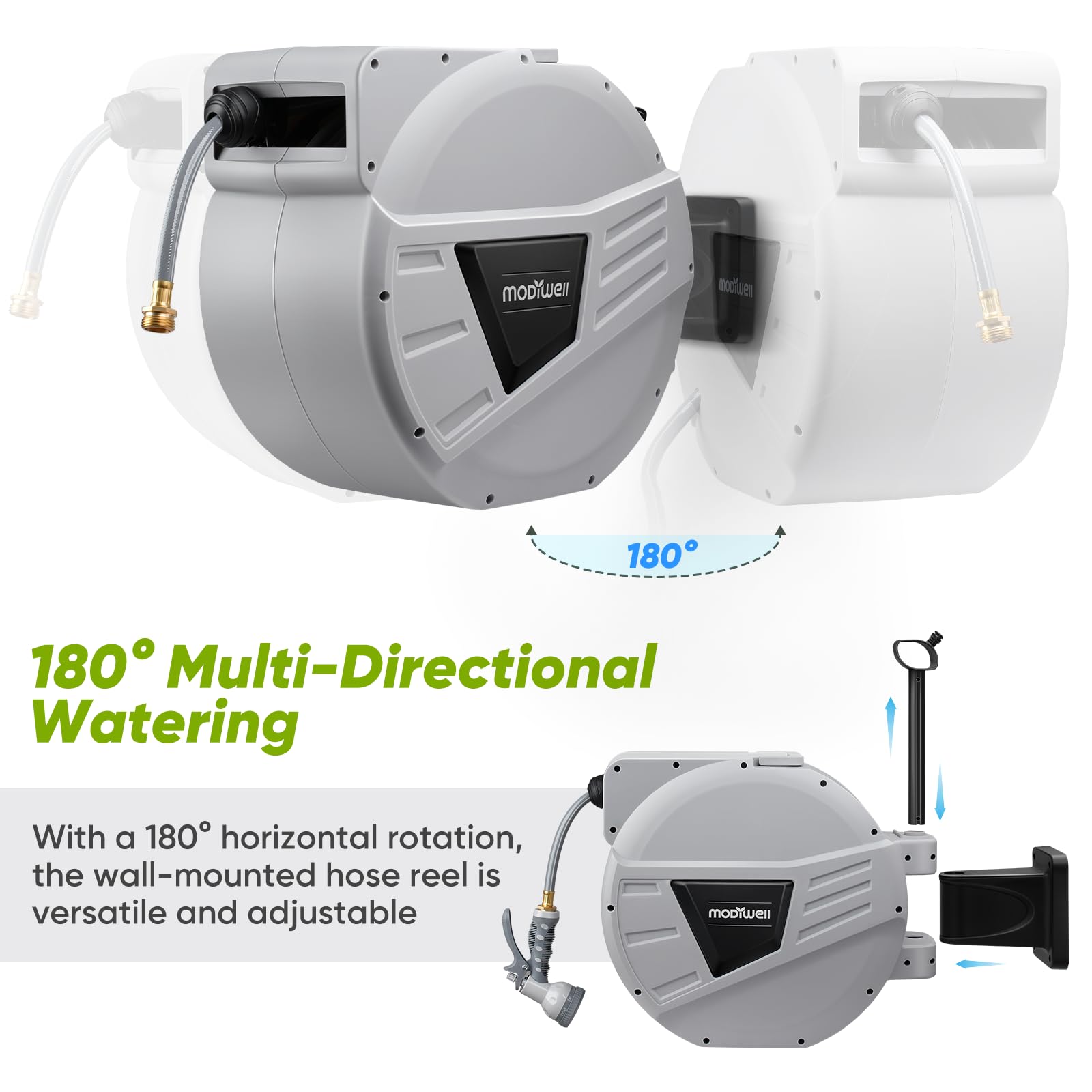 Retractable Garden Hose Reel Wall Mounted, 1/2 Inch x 100 ft + 6.6 ft Semi-Automatic Hose Reel with Brass Connector, 9 Pattern Hose Nozzle, Auto Rewind, Any Length Lock and 180° Swivel Bracket