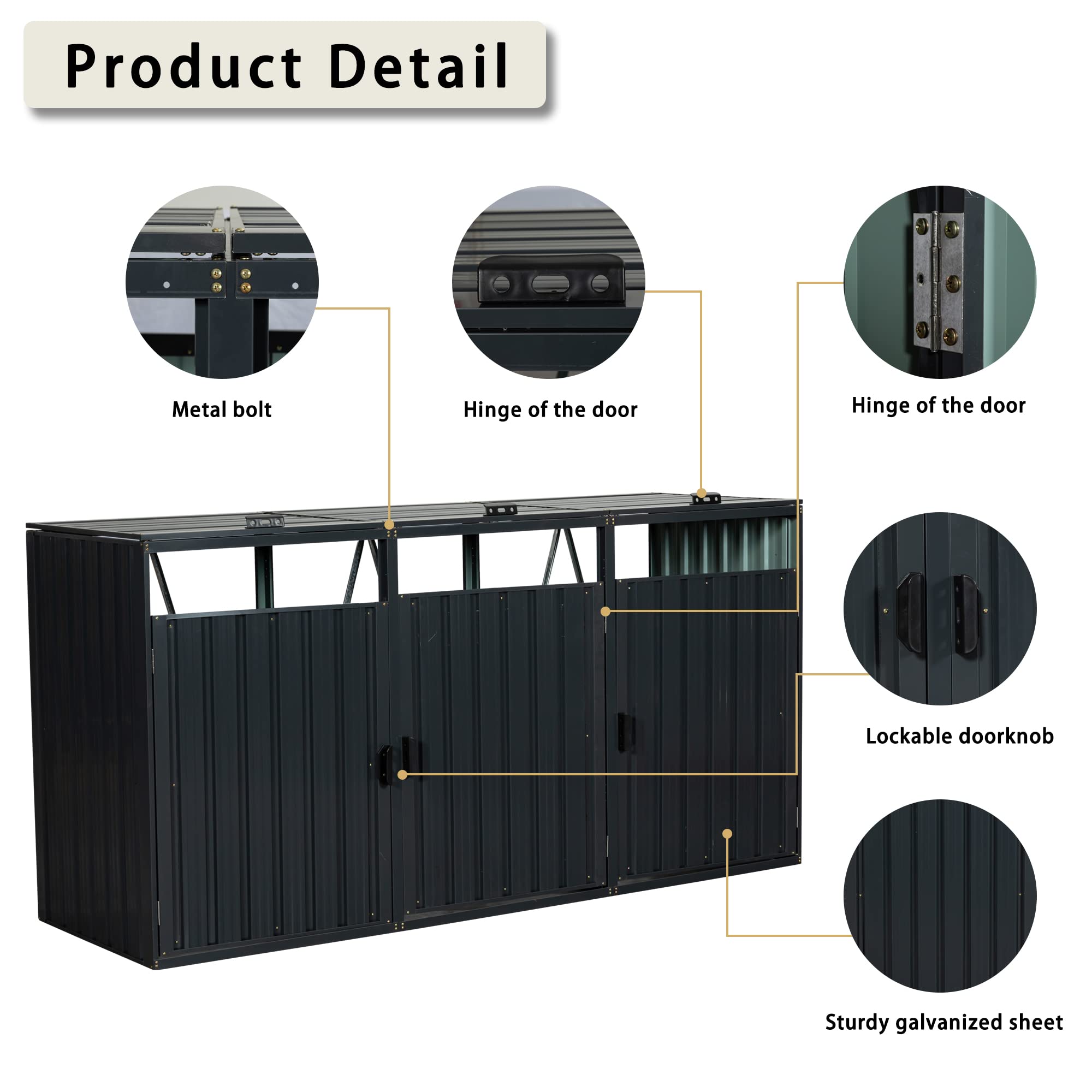 Outdoor Garbage Bin Storage Shed Galvanized for 3 Trash cans with Lockable Doors Metal Outdoor Trash Can Storage Shed for Garden Yard Lawn(Black-3)