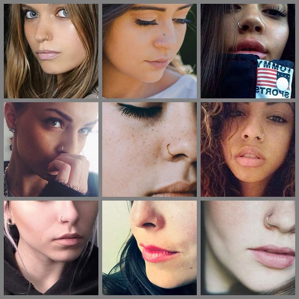 FIBO STEEL 18G-22G 5PCS Stainless Steel Body Jewelry Piercing Nose Ring Hoop for Women (Silver Tone, 18G,8MM)