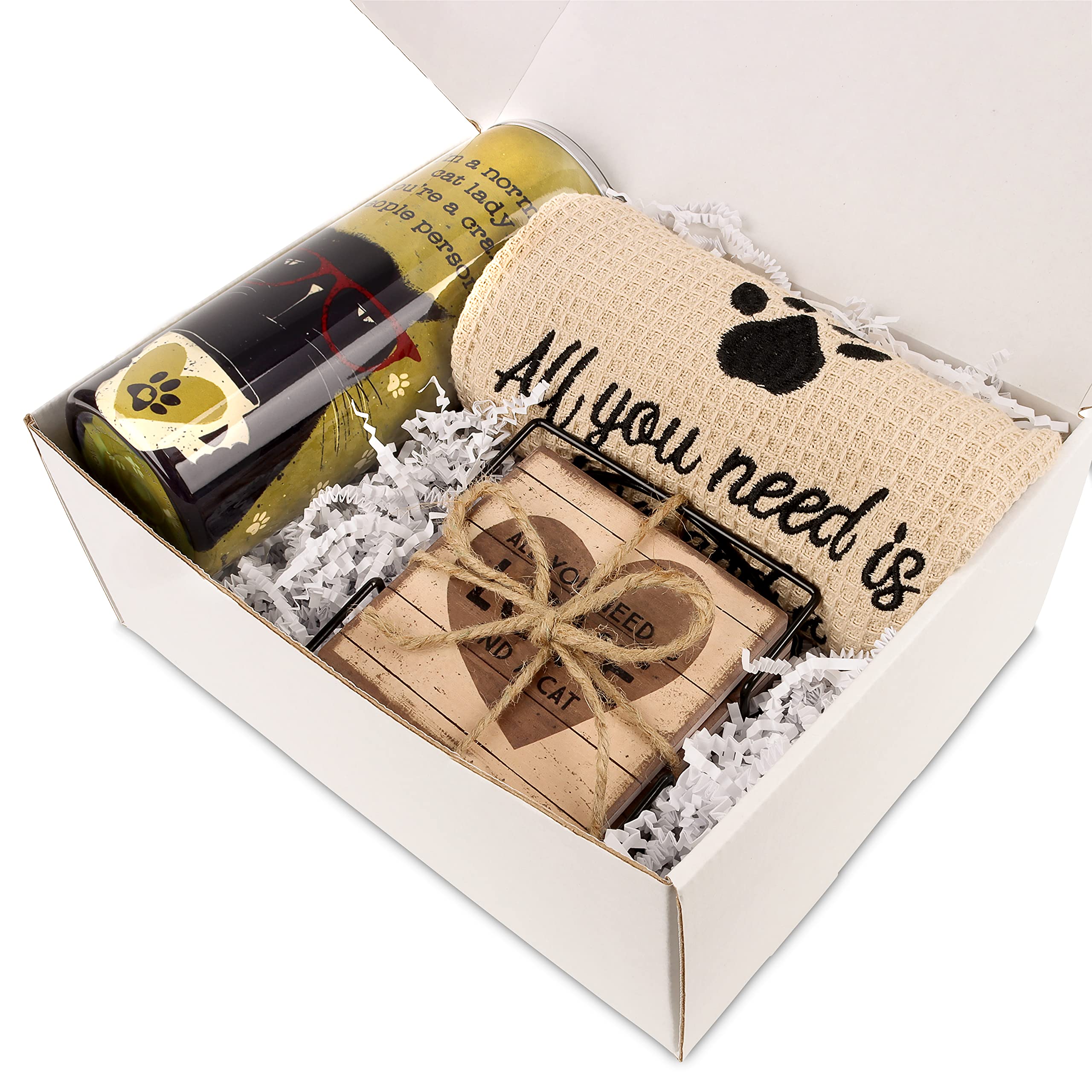 Cozy Home Base – Cat Lovers – Cat Gifts for Women – Coffee Tumbler, Funny Coasters, Kitchen Towel Gift Set