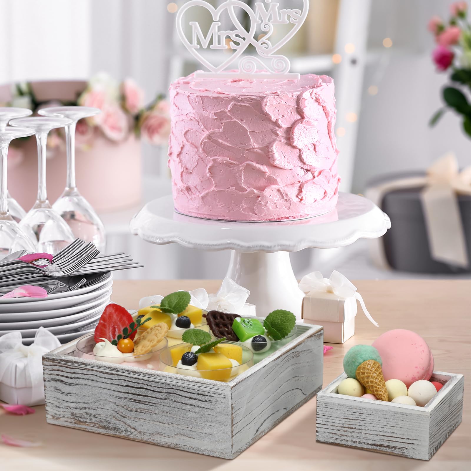 Roowest 6 Pcs Wood Cupcake Display Stand Whitewashed Decorative Dessert Wood Cake Stand Risers Wooden Rustic Square Stackable Decorative Box Risers for Wedding Birthday Christmas Party