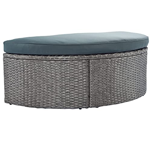 HHOK 2-Piece All-Weather PE Wicker Conversation Sofa, Outdoor Patio Half-Moon Sectional Furniture Set w/Side Table for Umbrella, Suitable for Poolside, Backyard Porch, Rattan+Gray Cushion