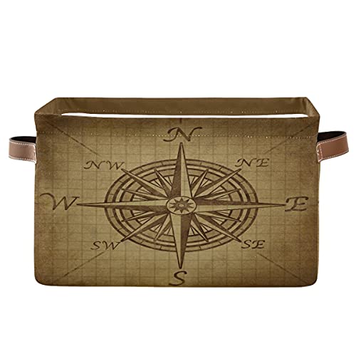AUUXVA Vintage Retro Compass Storage Bins Basket, Ocean Sea Nautical Theme Collapsible Storage Cube Rectangle Storage Box with Handles for Shelf Closet Nursery Bedroom Home Office 1 Pack