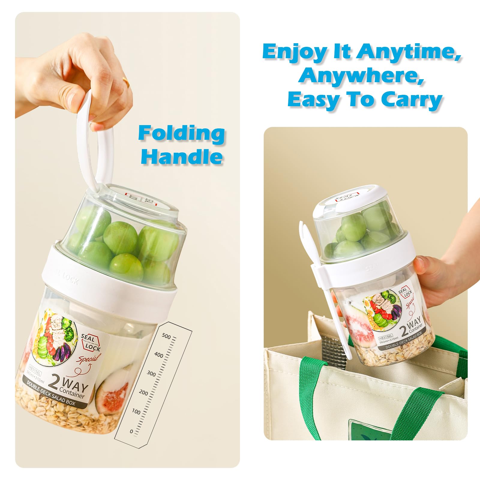 daasigwaa Breakfast On The Go Cups, Salad Cup To Go, Take And Go Yogurt Cereal Overnight Oats Snack Parfait Containers & Salad Dressing Holder With Fork For Lunch, Fruit & Vegetable Jar(Green,36.2oz)