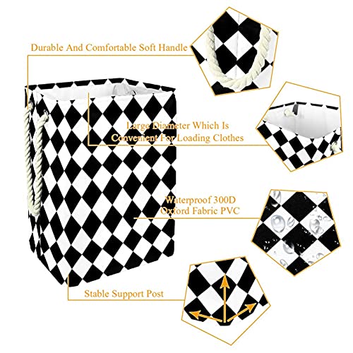 Art Black White Square Checkerboard Large Laundry Hamper With Easy Carry Handle, Waterproof Collapsible Laundry Basket For Storage Bins Kids Room Home Organizer