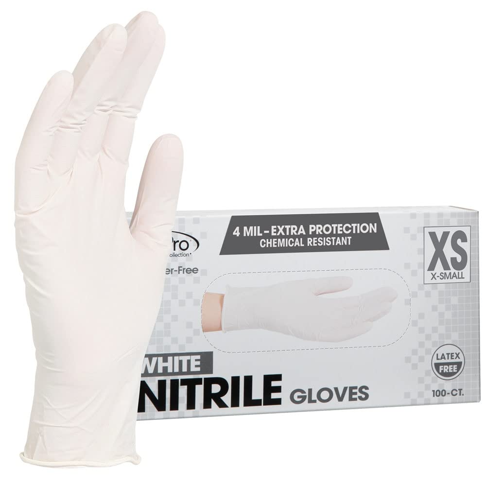 ForPro Professional Collection Disposable Nitrile Gloves, Chemical Resistant, Powder-Free, Latex-Free, Non-Sterile, Food Safe, 4 Mil, White, X-Small, 100-Count