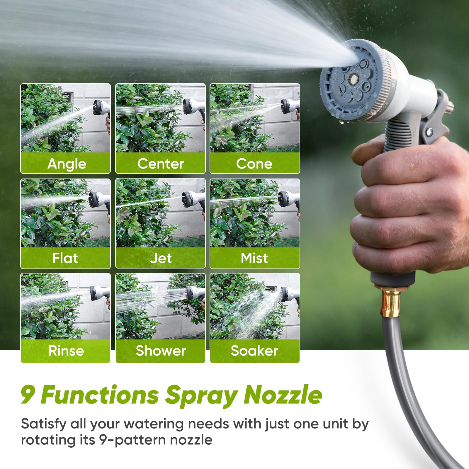 Retractable Garden Hose Reel Wall Mounted, 1/2 Inch x 100 ft + 6.6 ft Semi-Automatic Hose Reel with Brass Connector, 9 Pattern Hose Nozzle, Auto Rewind, Any Length Lock and 180° Swivel Bracket